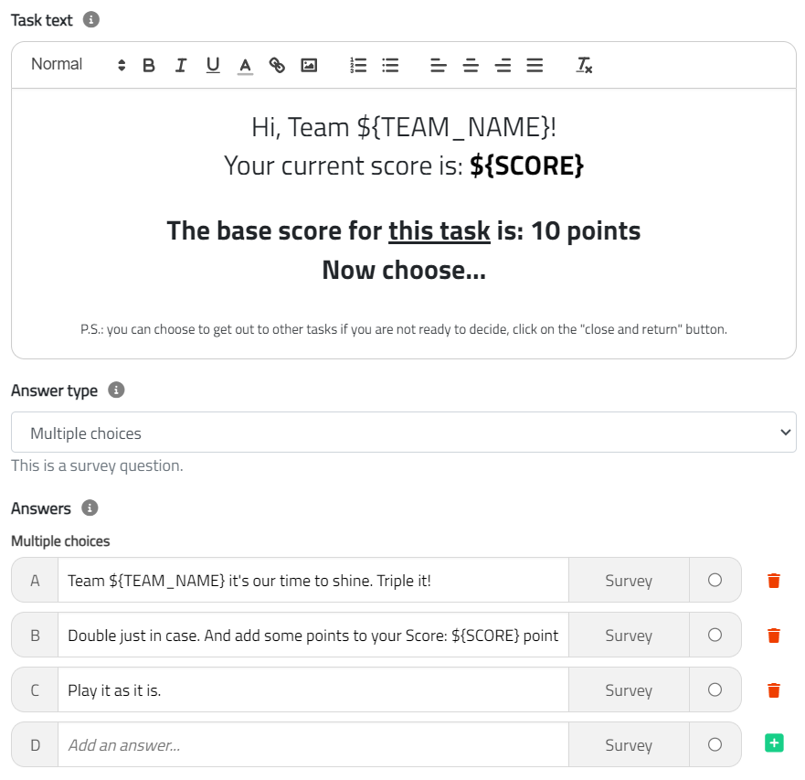 You can use the team name and score in the answer's text - Loquiz : Loquiz